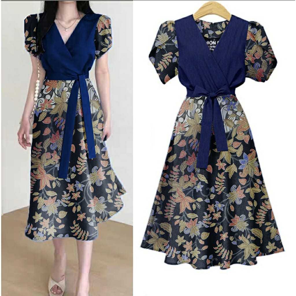 Jual BjFashionWanita / Dress Davia Batik Lengan Pendek Midi Premium Kombinasi Polos Sleting ...