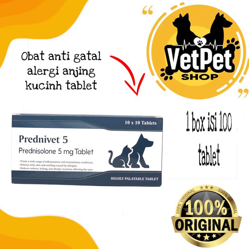 Jual Prednivet tablet 5 mg Anti Gatal Alergi Anjing Kucing 1 box isi ...