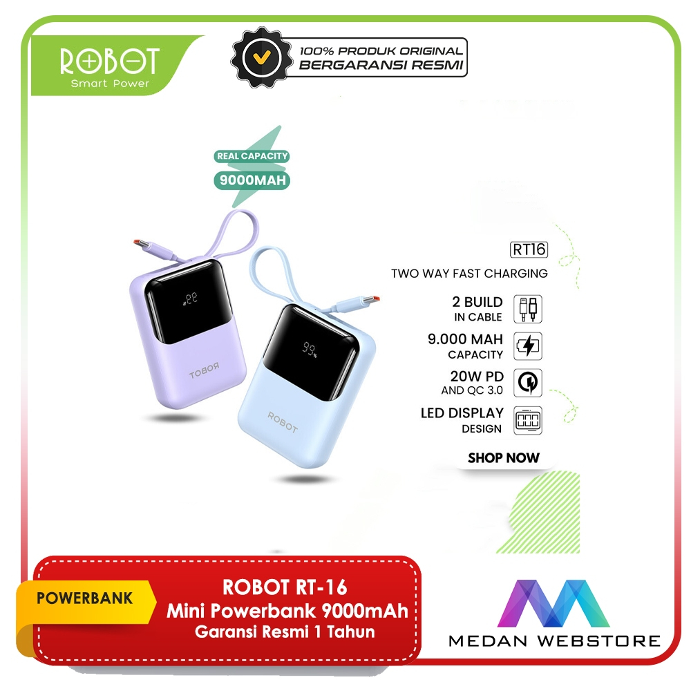 Jual ROBOT RT16 Powerbank Mini 9.000mAhLED Display + 2 Kabel Lightning ...