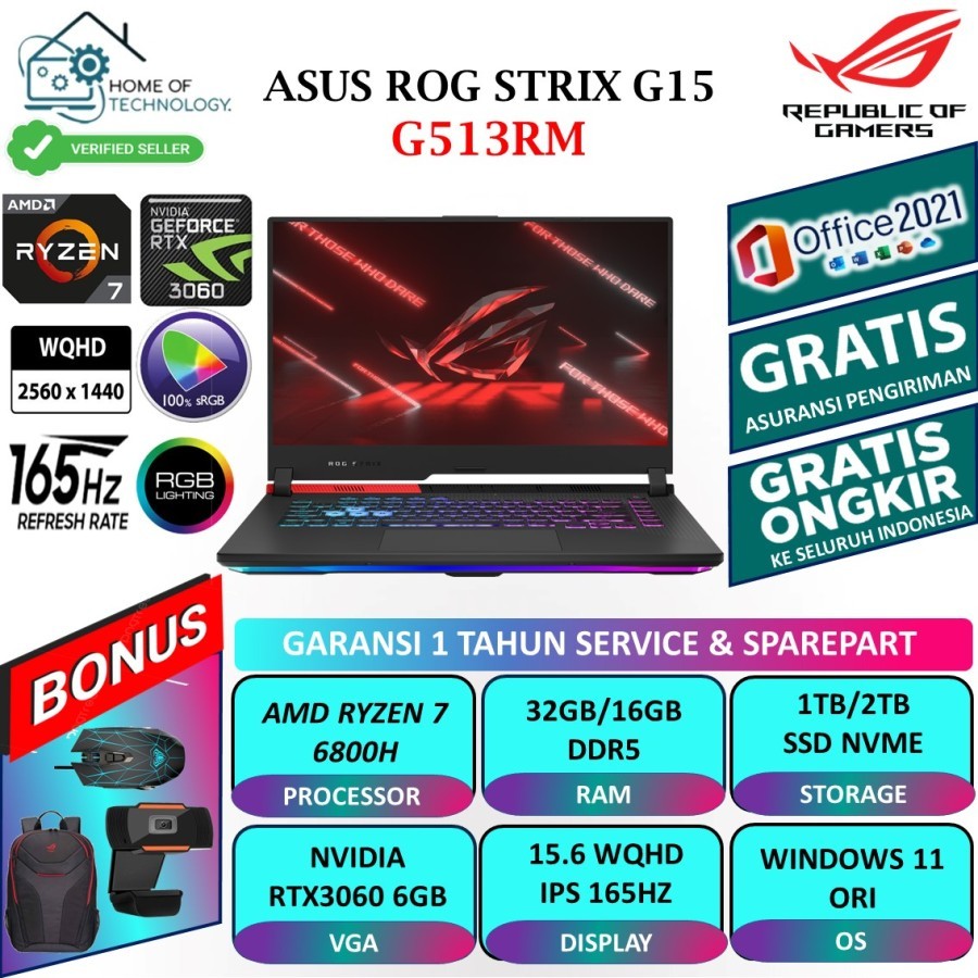 Jual Laptop Gaming Asus ROG Strix G15 G513RM RTX3060 Ryzen 7 6800H 32GB ...