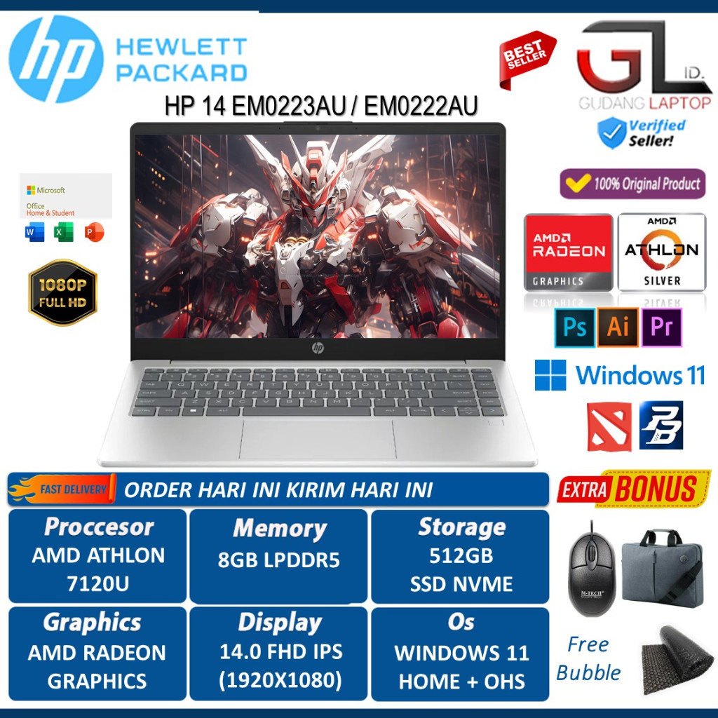 Jual LAPTOP HP 14S EM0223AU AMD ATHLON 7120U 8GB 512GB SSD 14.0 FHD IPS ...