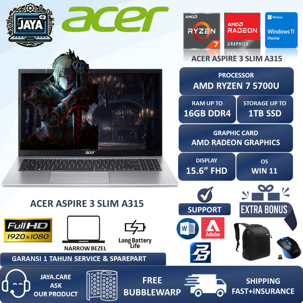 Jual Laptop ACER ASPIRE 3 A315 AMD RYZEN 7 5700U RAM 16GB 1TB SSD FULL ...