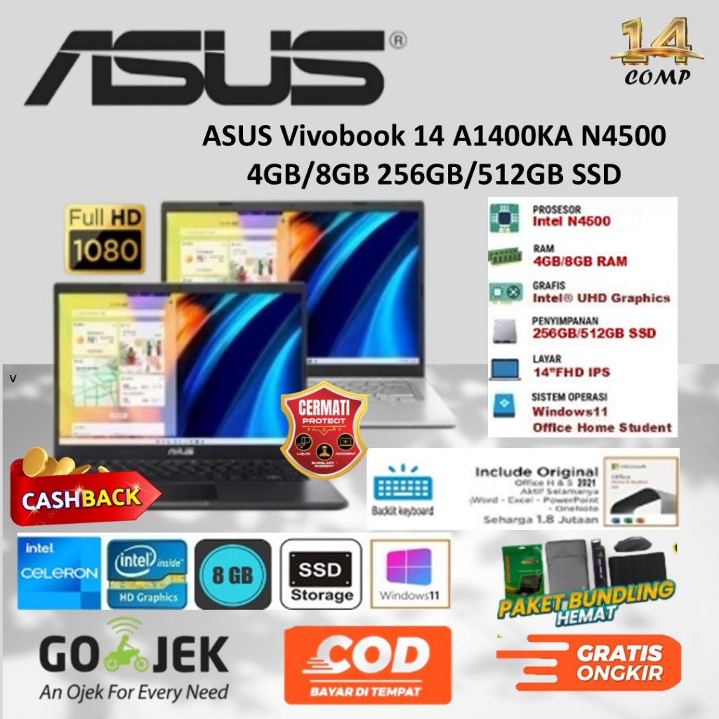Jual ASUS Vivobook 14 A1400KA N4500 4GB/8GB 256GB/512GB SSD 14" FHD W11 ...