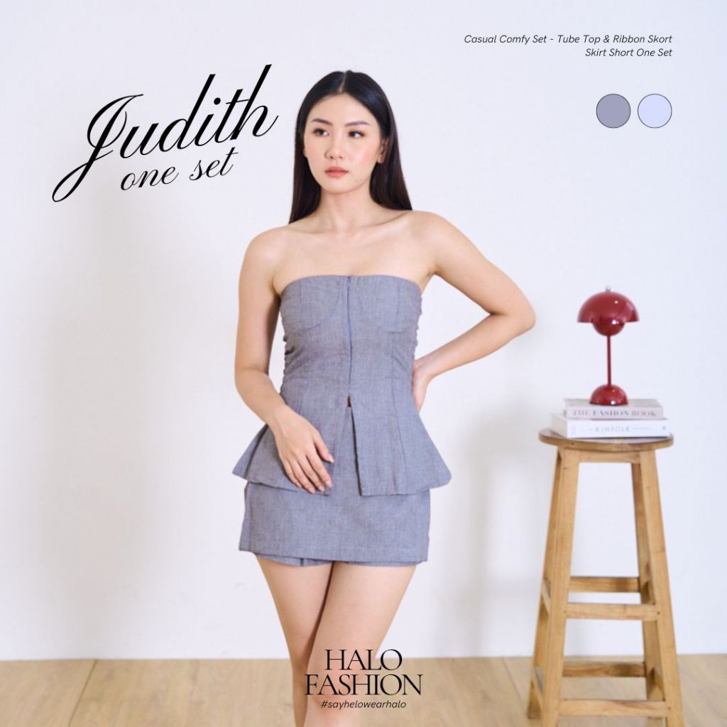 Jual [HaloFashion] Judith Casual Comfy Set - Atasan Tube Top & Ribbon Skort Skirt Short Wanita ...