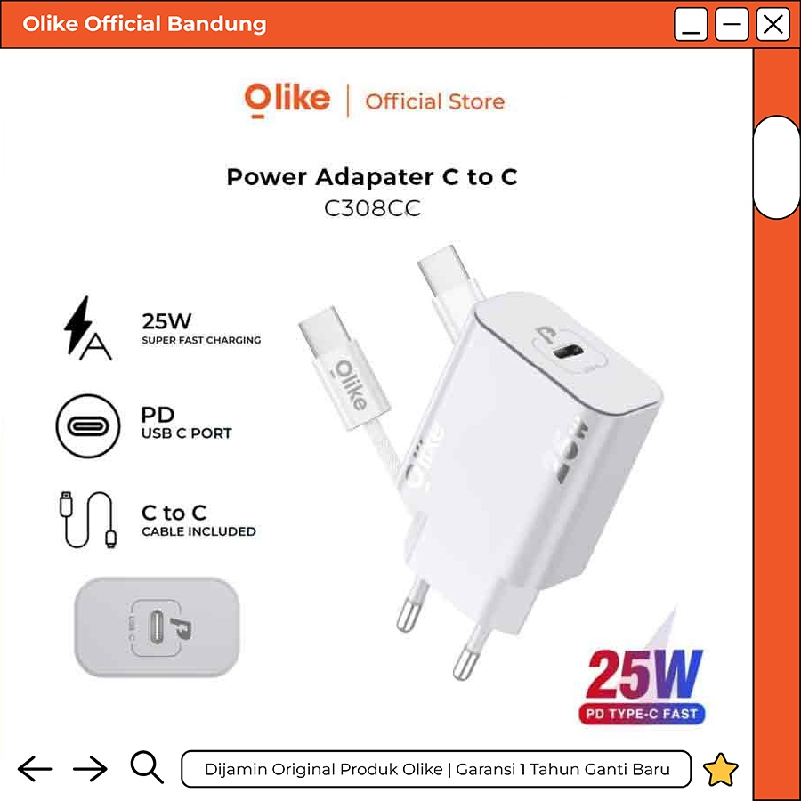 Jual Olike C308CC Charger Adaptor 25W 3A USB TYPE C PPS PD QC 3.0 Super ...