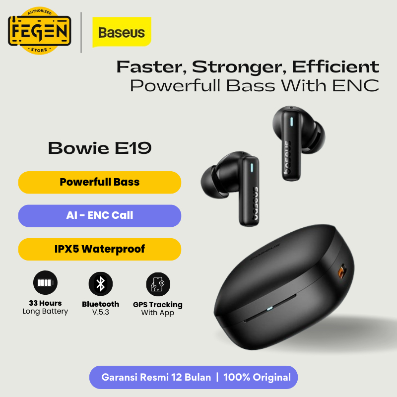 Jual Baseus Bowie E19 AI-ENC Wireless Bluetooth 5.3 Big Bass IPX5 Waterproof Earbuds 33Hrs ...