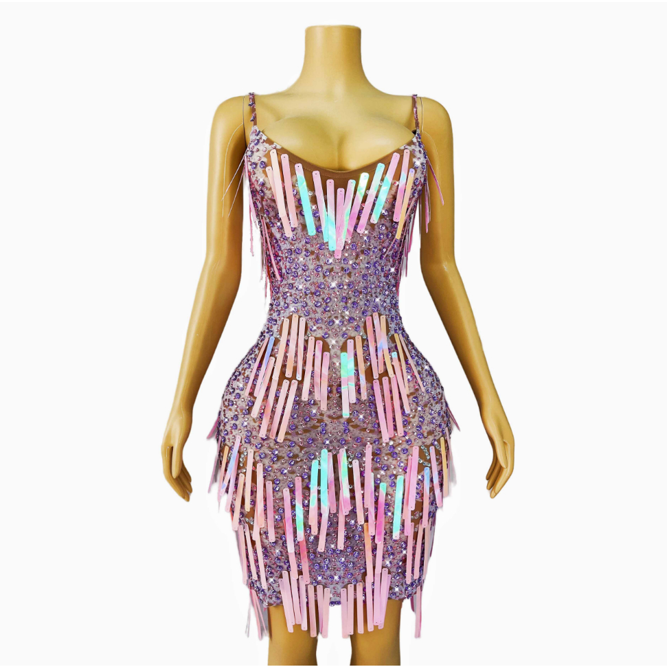 Jual Sling Pink Sequin Rumba Short Dress Singer Music Festival ...