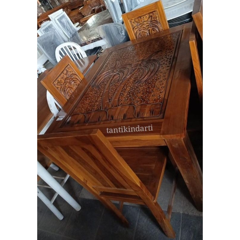 Jual 1 SET MEJA MAKAN JATI 4 KURSI + KACA MEJA TEBAL 5ML (TANPA JOX KURSI) | Shopee Indonesia