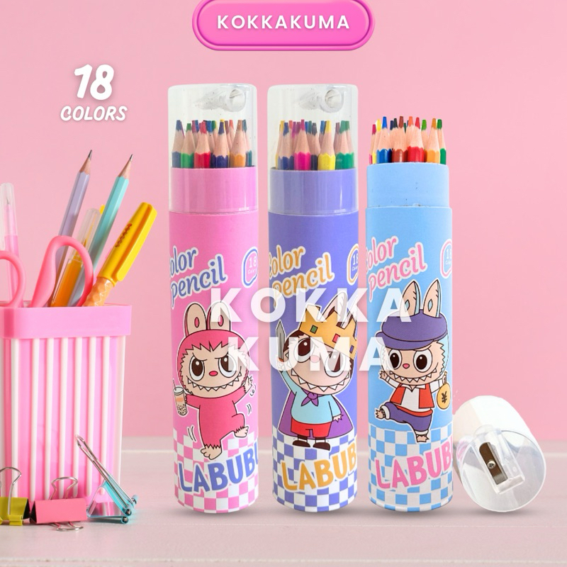 Jual ( KKM ) LABUBU Aesthetic Color Pencil Labubu Tabung 19 cm isi 18 ...