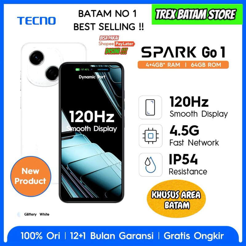 Jual TECNO SPARK GO 1 NEW 4 + 4 / 64 GB 120 Hz 4.5G NETWORK IP54 WATER ...