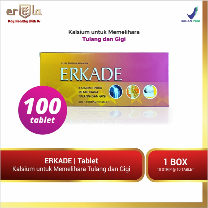 Jual ERKADE Box / Suplemen Kalsium Tulang dan Gigi / 1 Box 10 Strip 100 ...
