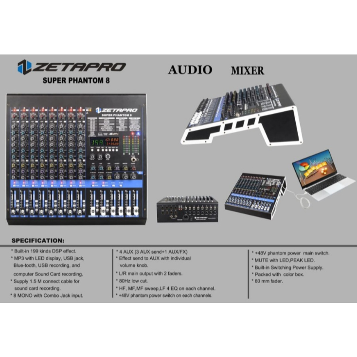 Jual Mixer 8 Channel ZETAPRO Super Phantom 8 Original Bluetooth USB MP3 | Shopee Indonesia