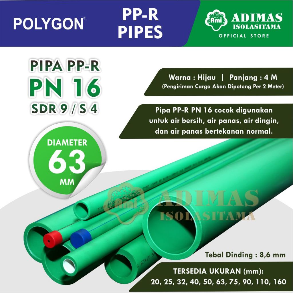 Jual Pipa PPR Polygon Tipe PN 16 Diameter 63 mm Panjang 4 Meter Warna ...