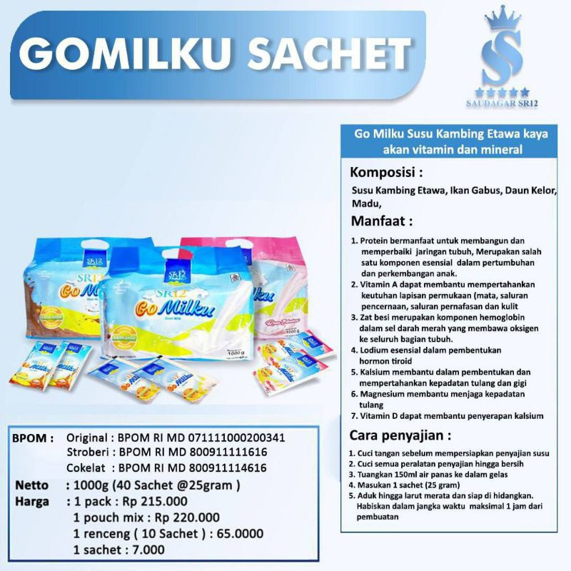 Jual GOMILKU SR12 SUSU KAMBING SACHET 25GR ISI 40 SACHET 1000GR 100% ...