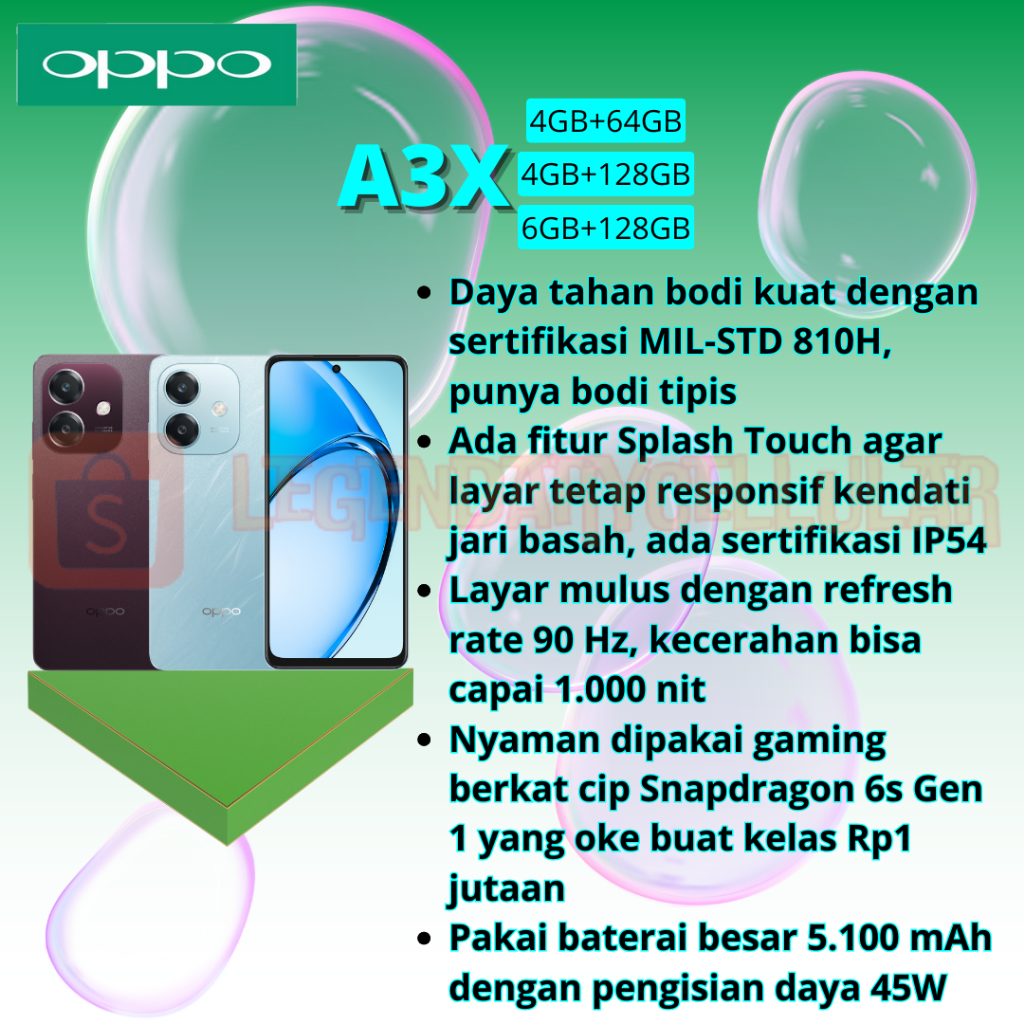 Jual OPPO A3x 4GB/64GB 4GB/128GB 6GB/128GB [45W SUPERVOOC, Qualcomm® Snapdragon® 6s 4G Gen1 ...