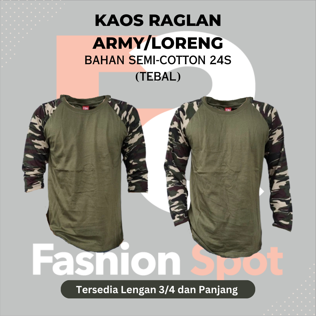Jual [Tebal] Kaos Raglan Army Loreng Lengan 3/4 Panjang Semi-Cotton 24s ...