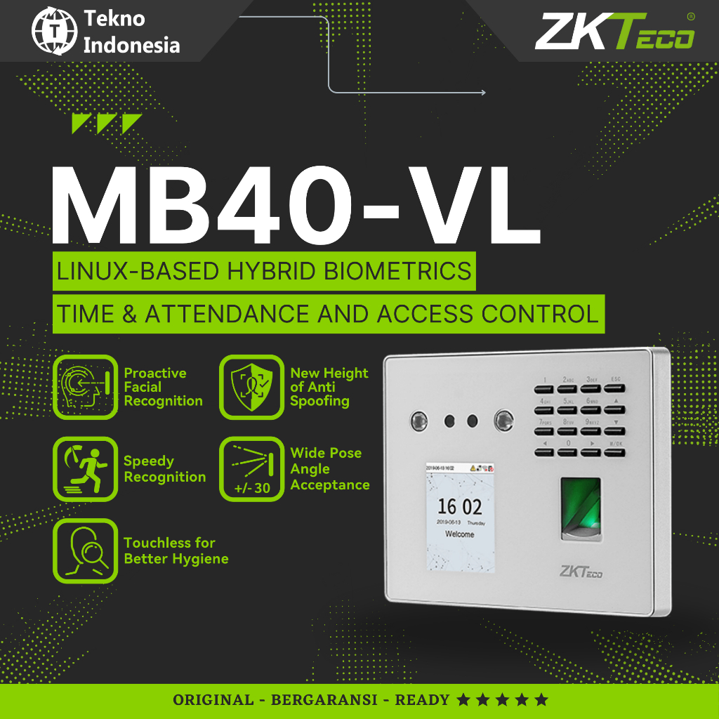 Jual ZKTECO MB40-VL Mesin Absensi Sidik Jari Hybrid Biometric Time ...