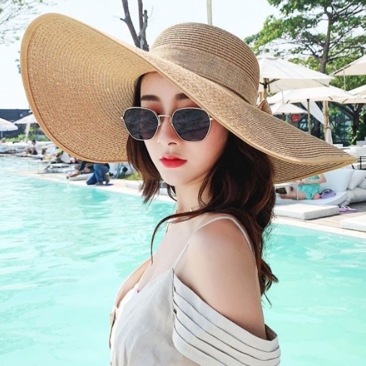 Jual Hadir Meriah Promo Topi Pantai Lis Lebar Wanita Dewasa Pita Tebal | Shopee Indonesia