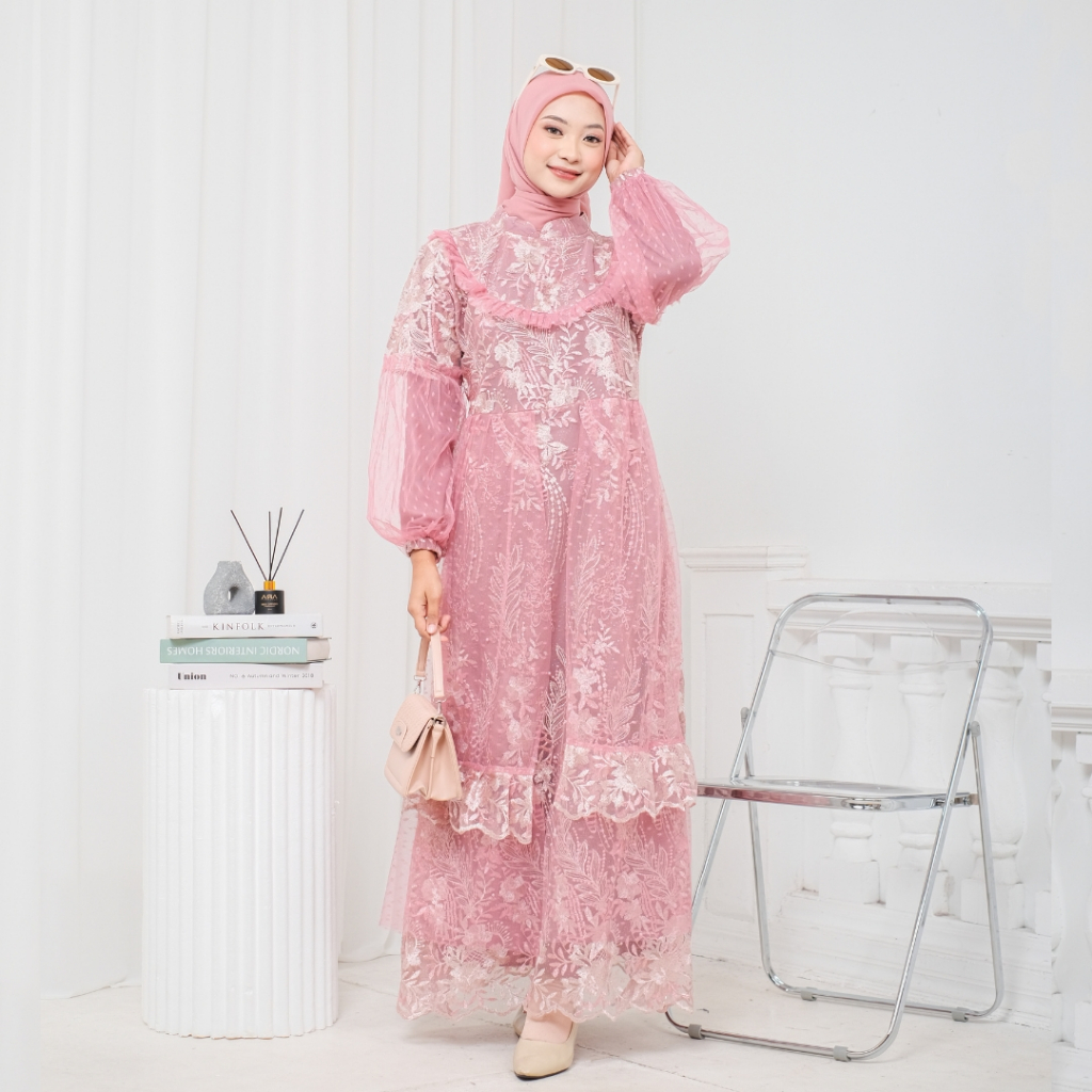 Jual RAISHA - Gamis Brukat FAZRINA Dress Kondangan Full Tile Brokat Bordir Keliling Mix Tile Dot ...
