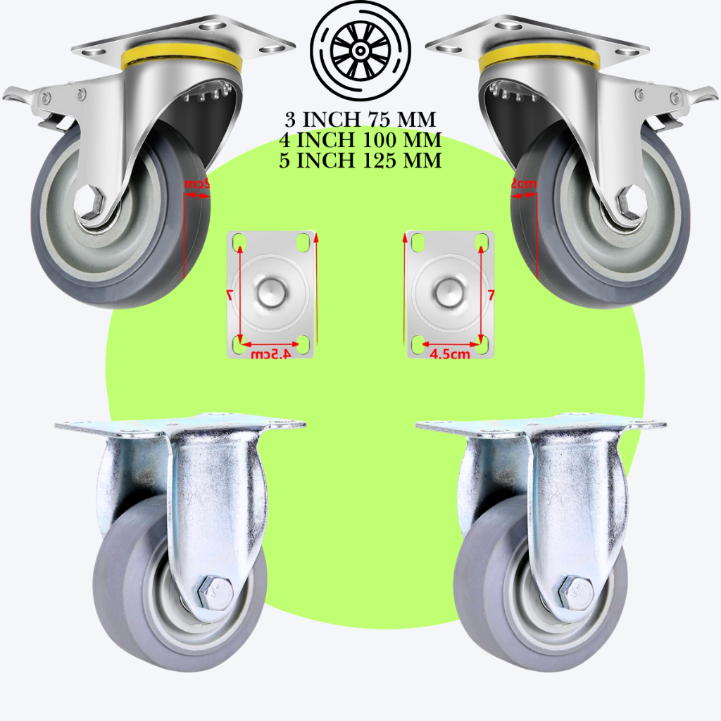 Jual RODA TROLY PU KARET ABU HEAVY DUTY 900 KG TEBAL DOUBLE BEARING REM ...