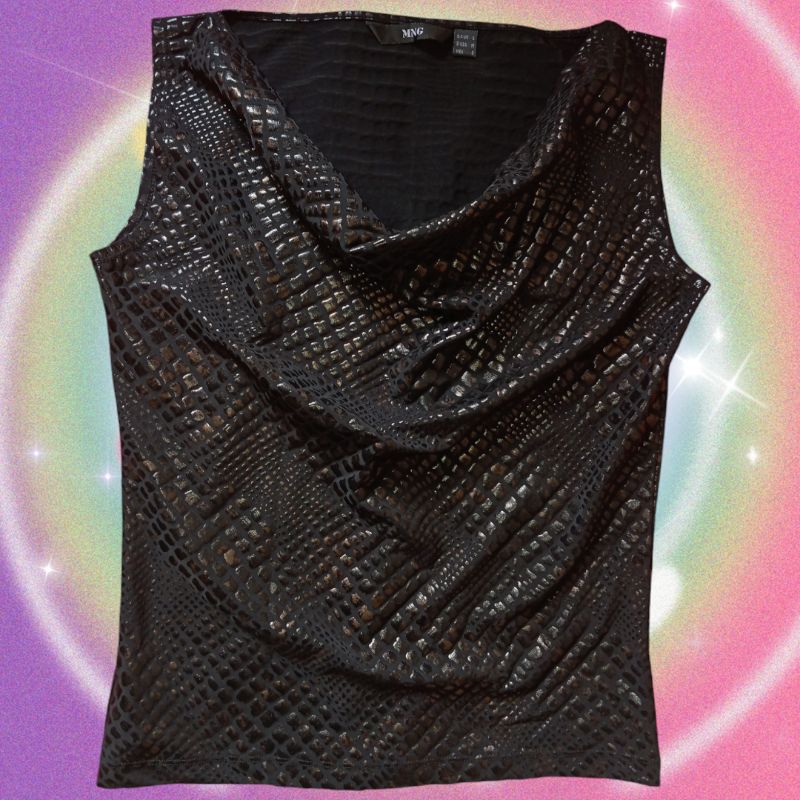Jual 00S MNG BY MANGO GOLD GLOSSY WET SNAKE SKIN FITTED COWL NECK TOP ...