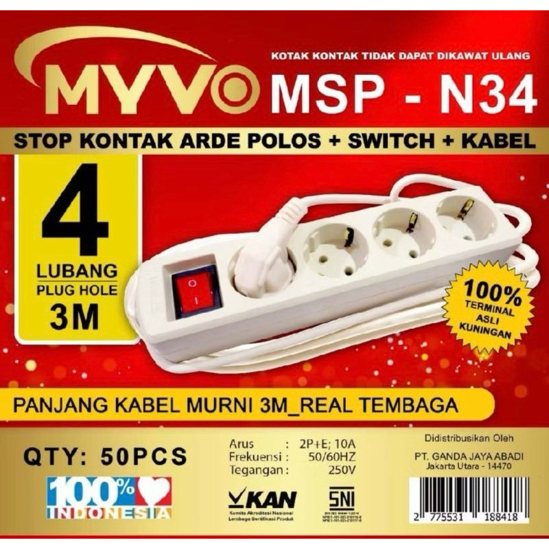 Jual STOP KONTAK KABEL + SWITCH 4 LUBANG 3 METER ( MSP-N34 ) | Shopee Indonesia
