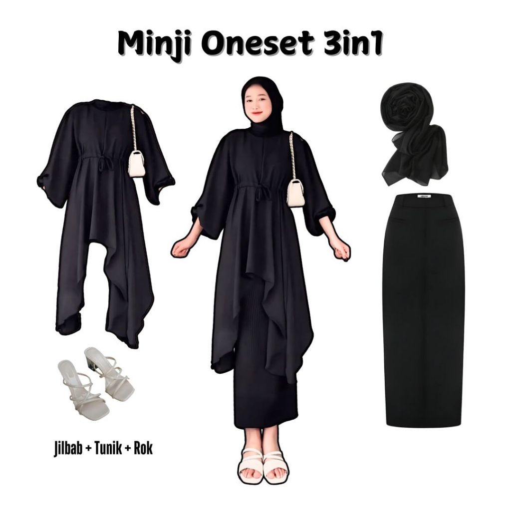 Jual One set 3in1 baju atasan tunik blouse hitam rok span hitam jilbab bella square | ootd ...