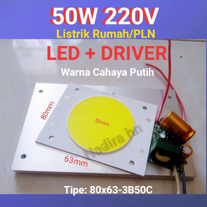 Jual Led 50W + driver 220V ac/Listrik Rumah/PLN White Moonlight hpl Cob chip daya tinggi hemat ...