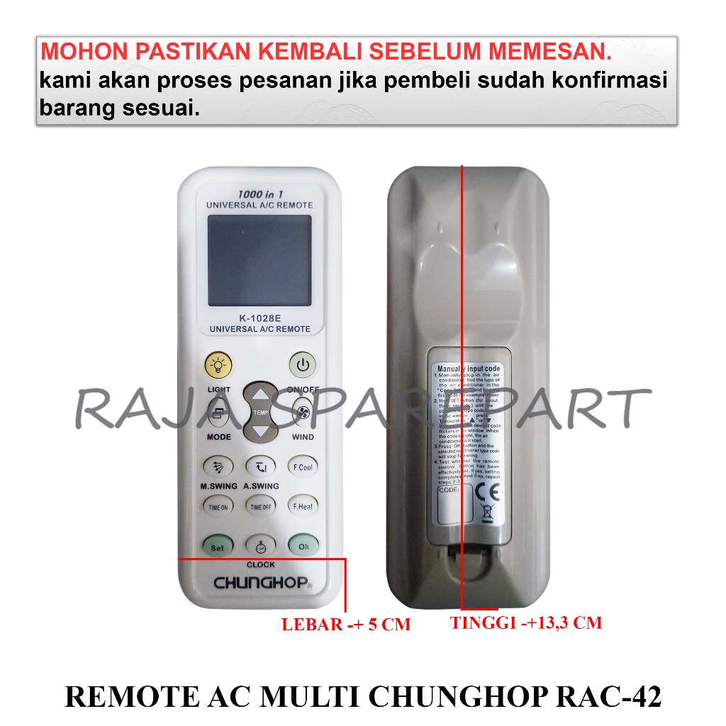 Jual RM REMOTE UNTUK AC / REMOT MULTI / REMOTE AC MULTI CHUNGHOP RAC-42 ...