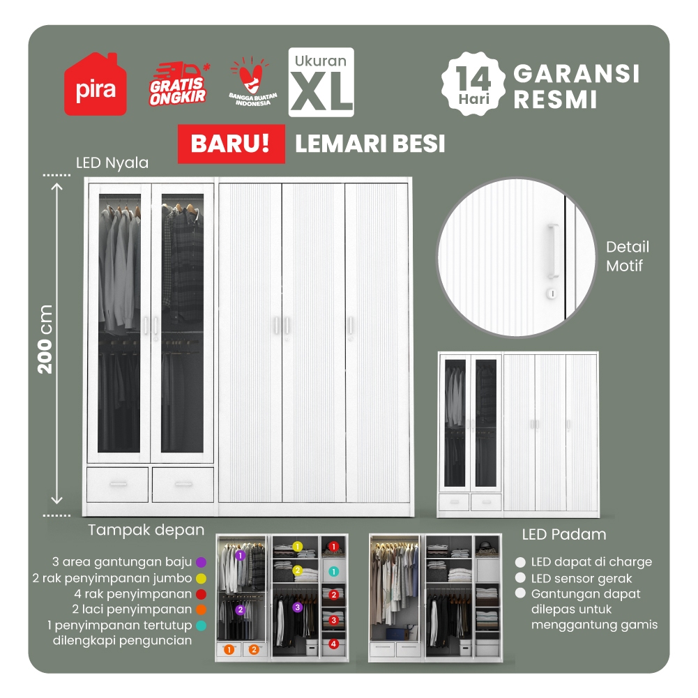 Jual PIRA - LINIO 5P FGD MWD Lemari Pakaian Besi 5 Pintu dengan Laci ...