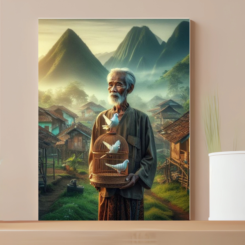 Jual Poster Ai Gambar kakek Memgang Sangkar Burung Hiasan Dinding Bahan ...