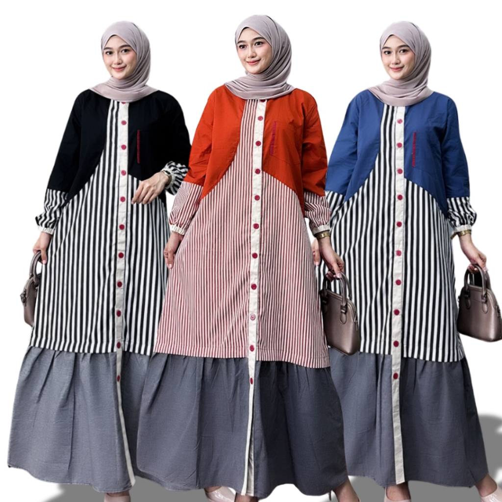 Jual Gamis Kahiyang Dress Premium - Gamis Wanita Katun Kombinasi Salur Terbaru | Shopee Indonesia