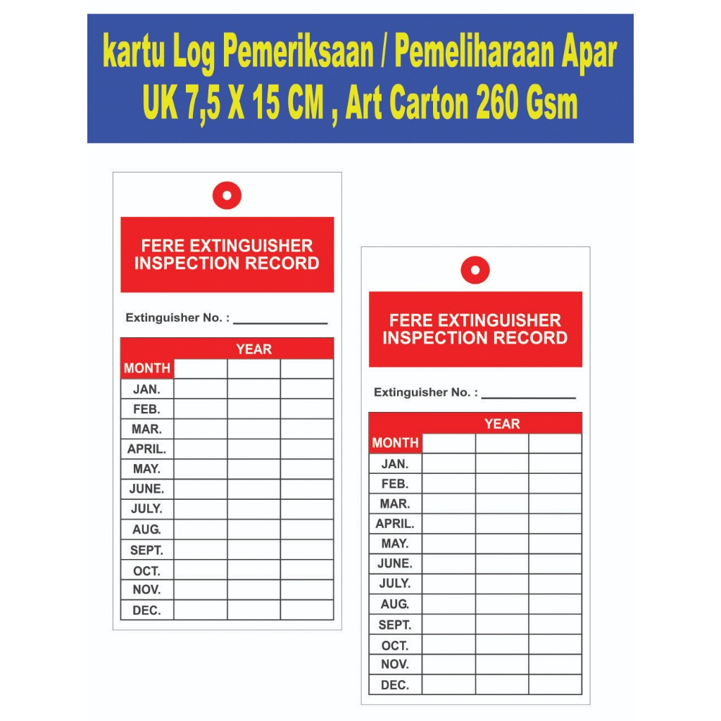 Jual Kartu Checklist Ceklis Log Pemeriksaan/ Pemeliharaan APAR Uk. 7,5 x 15 CM | Shopee Indonesia