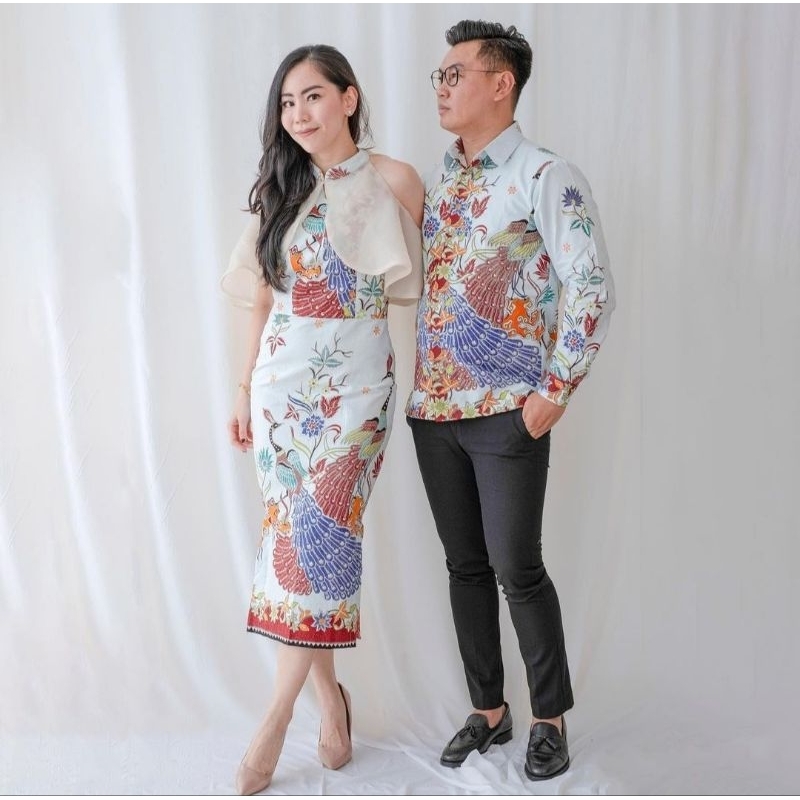 Jual COUPLE DRES DAN KEMEJA BATIK PREMIUM. MOTIF MERAK PUTIH. ACARA ...