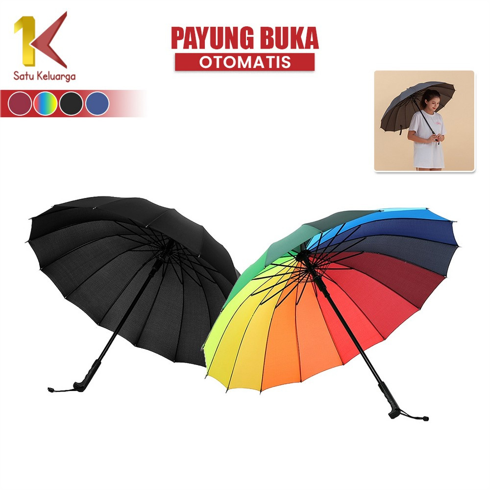 Jual Satu Keluarga Payung 16 Jari Polos Buka Otomatis Gagang Lurus ...