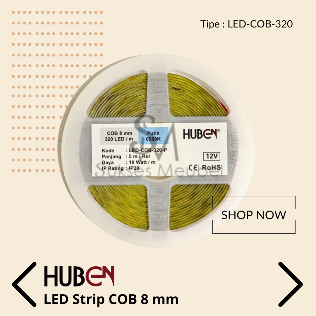 Jual HUBEN LED-COB-320 Lebar 8mm 12v | LED Strip COB 320 LED/m 5m/rol ...