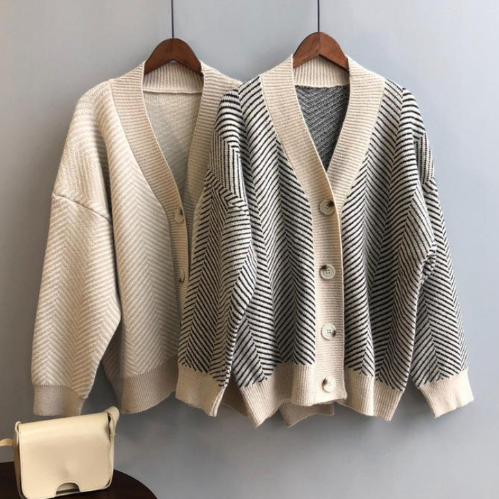 Jual Kardigan Rajutan Bergaris-Jaket Sweater Longgar Kerah V Retro Gaya ...