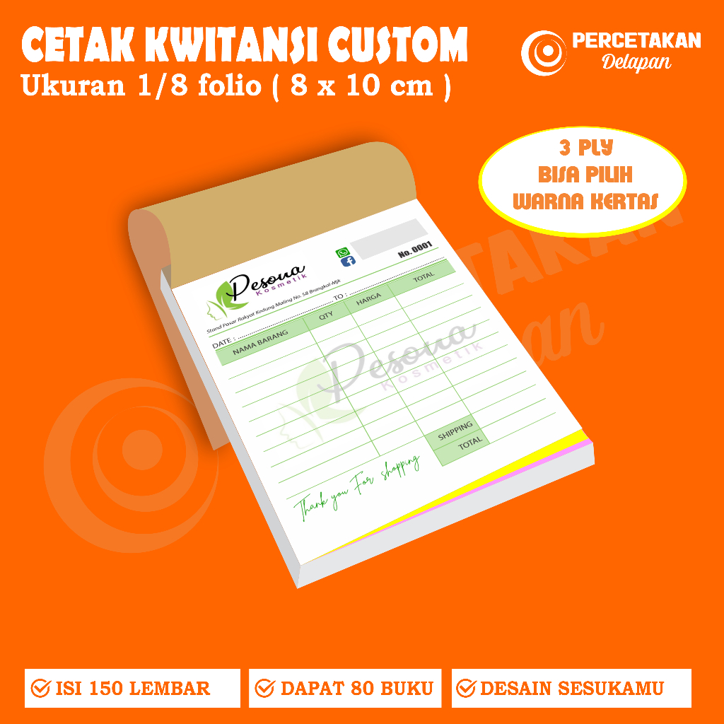Jual cetak Kwitansi custom 3 ply 1/8 FOLIO / Paket 80 buku | Shopee ...