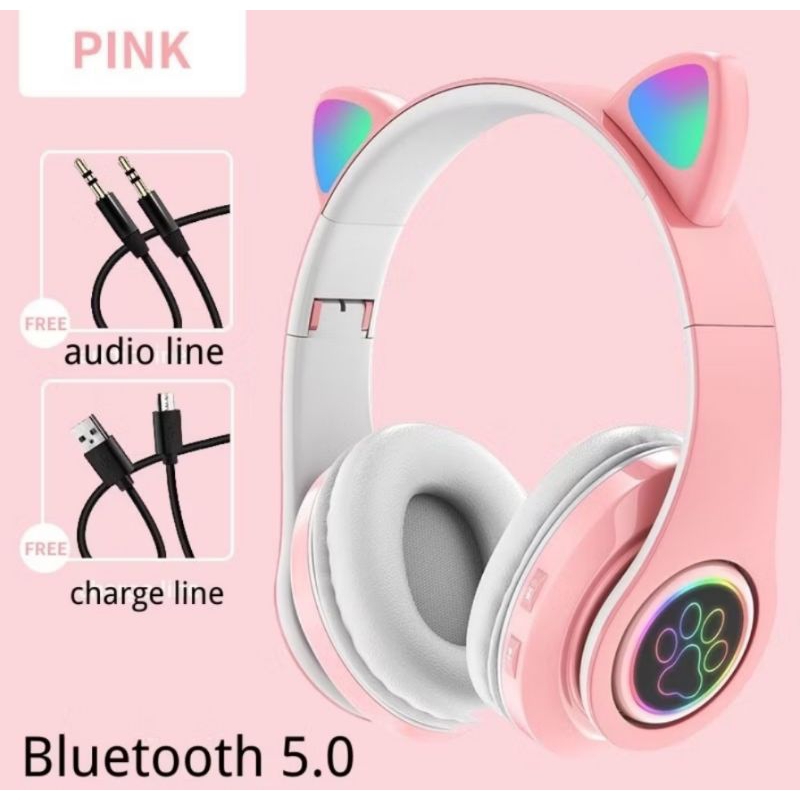 Jual Headset Headphone Bluetooth Kucing Android Bass LED light With mic ...