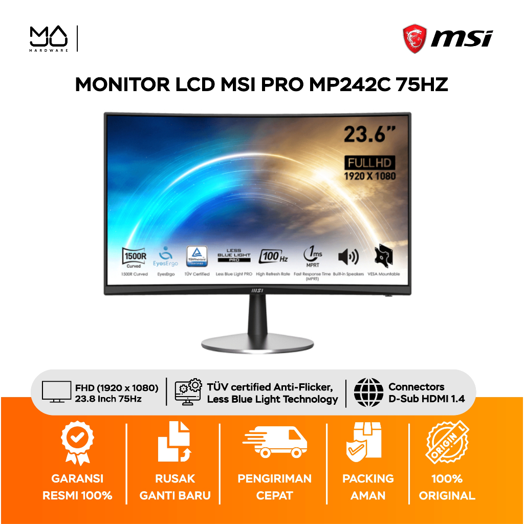 Jual Monitor MSI PRO MP242C Monitor Gaming Curved 24"/23.6 FHD VA 75Hz ...