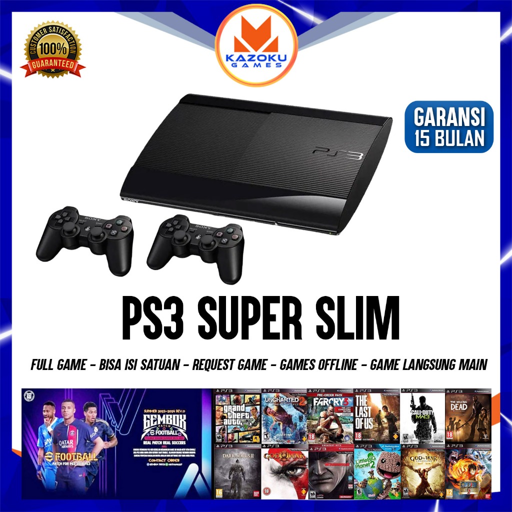 Jual PS3 PS 3 SONY PLAYSTATION 3 SUPER SLIM SS 250-1TB FULL GAME+2STICK | Shopee Indonesia