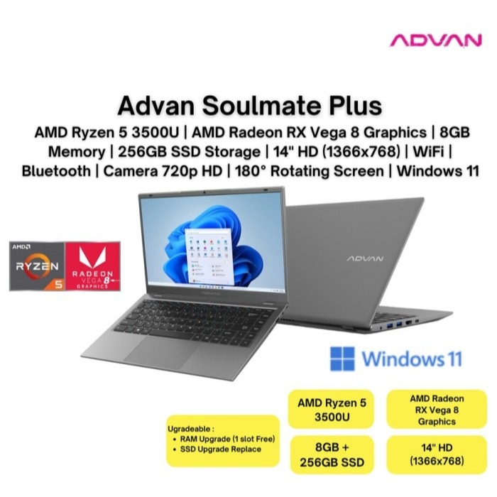 Jual Laptop Advan Soulmate Plus Ryzen 5 3500U 8GB SSD 256GB Win11 ...
