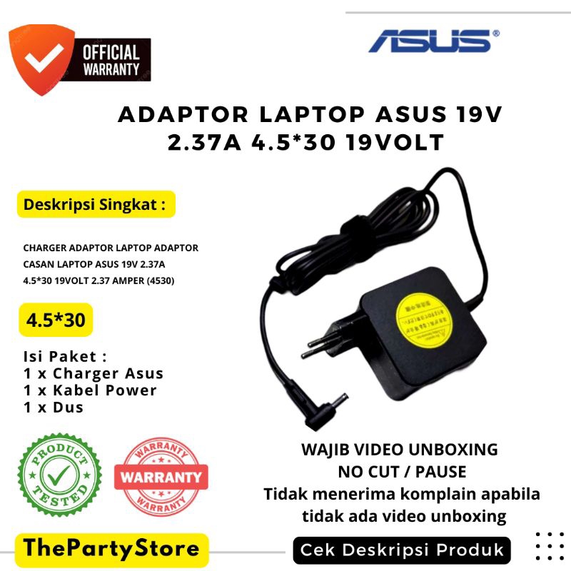 Jual Charger adaptor laptop adaptor casan laptop asus 19V 2.37a 4.5*30 19volt 2.37Amper (4530 ...