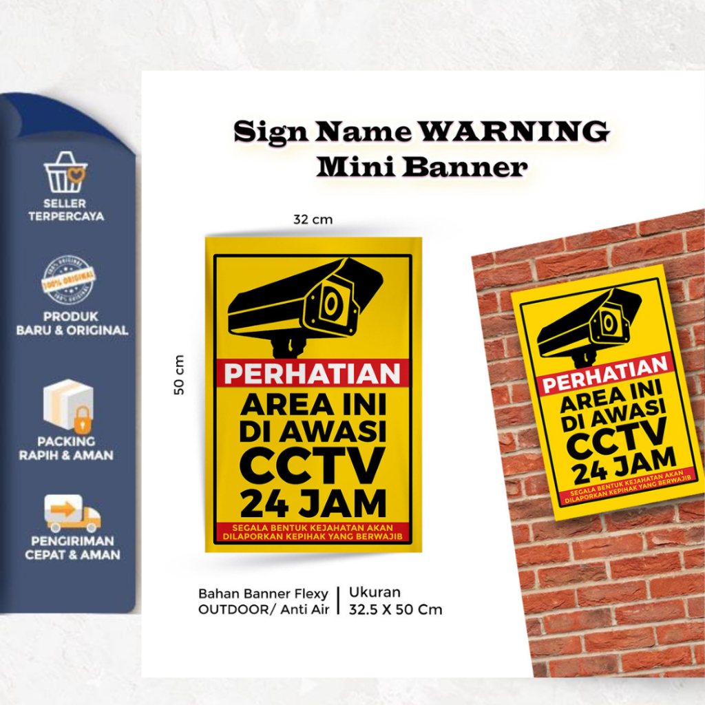 Jual Sign Name Warning Area Ini Diawasi CCTV 24 Jam Mini Banner ( Bahan ...