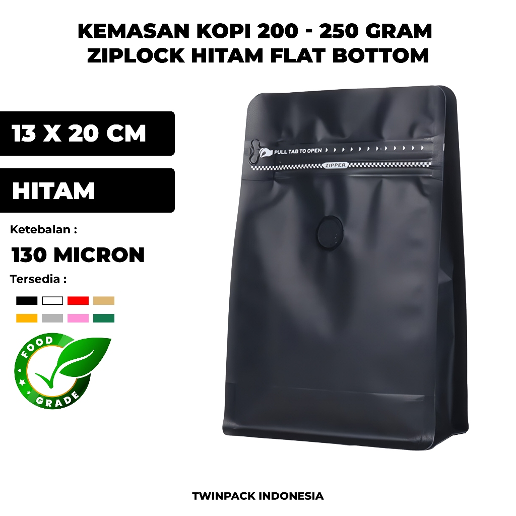 Jual Kemasan Kopi 200 - 250 Gram Ziplock Hitam Flat Bottom | Valve | Zipper | Packaging Kopi ...