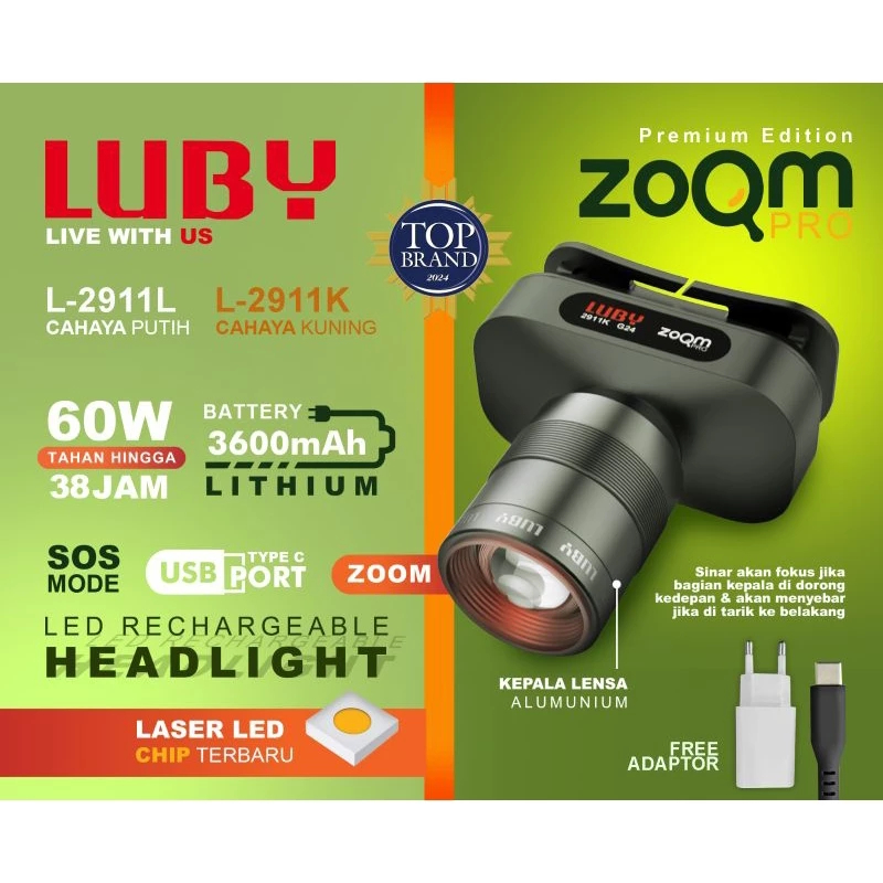 Jual Senter Kepala Zoom Laser LUBY Jarak Jauh LED 3 Mode Cahaya PUTIH L 2911L 60 Watt | Shopee ...