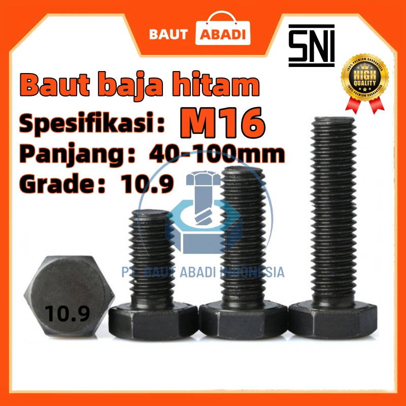Jual Baut mur baja hitam M16 garde 10.9 hex full drat / Half drat / ring per / ring plat / hex ...