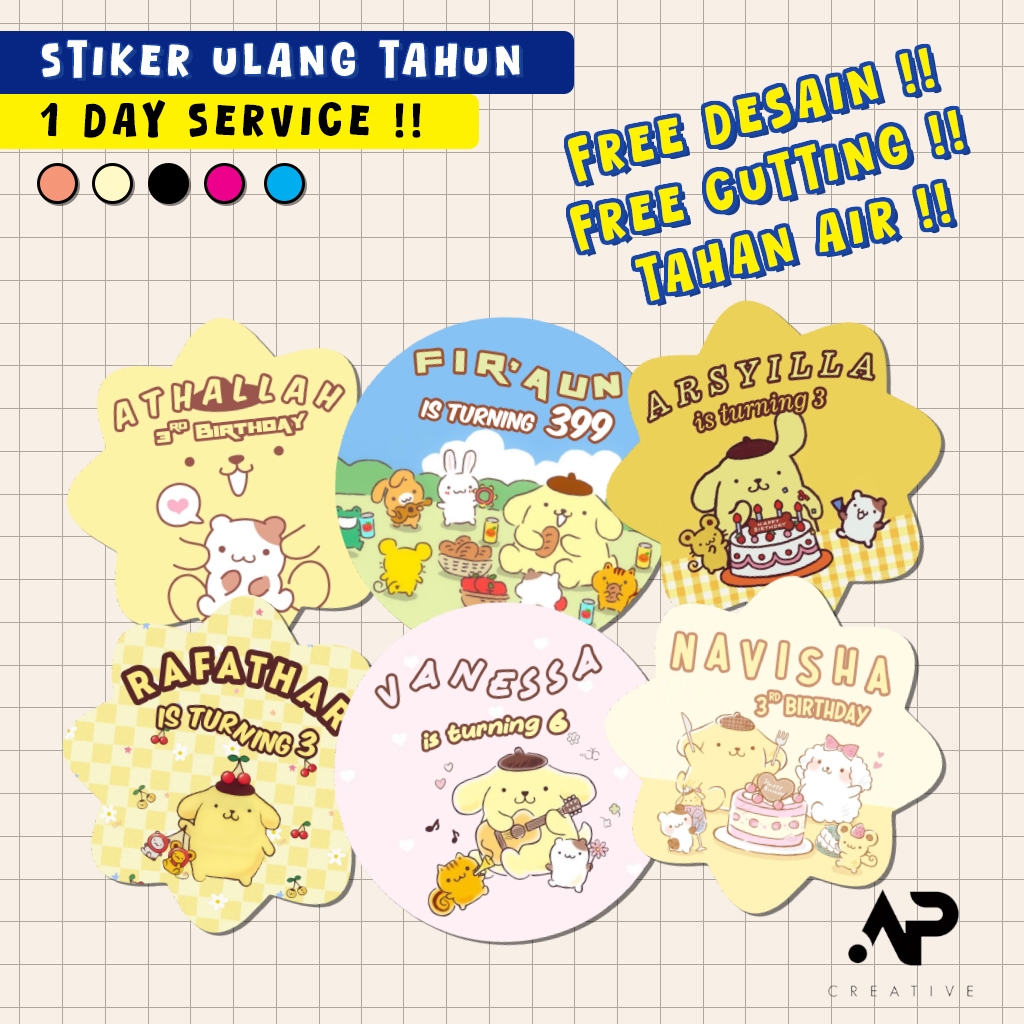 Jual ANTI AIR Stiker Ulang Tahun POMPOMPURIN EDITION Stiker Label Ultah ...