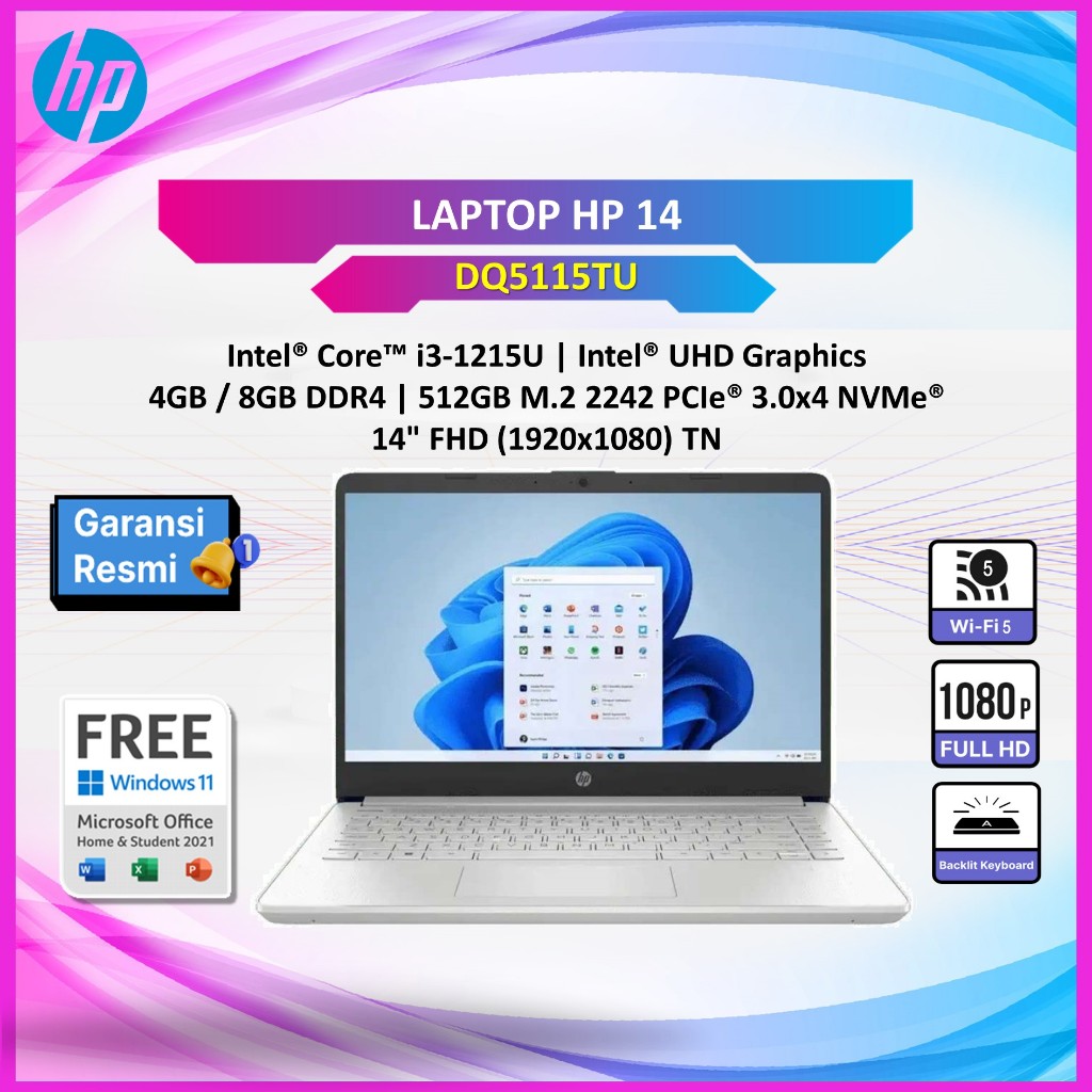 Jual LAPTOP HP 14S INTEL i3 1215U RAM 4GB/8GB 512GB SSD WIN11 OHS 14" FHD BACKLIT 2YEAR DQ5115TU ...