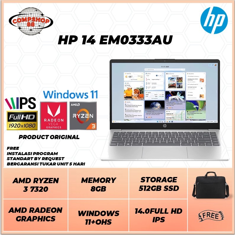 Jual Laptop Costumer HP 14 Ryzen 3 7320 8GB 512GB Windows 11 +OHS 14.0 ...